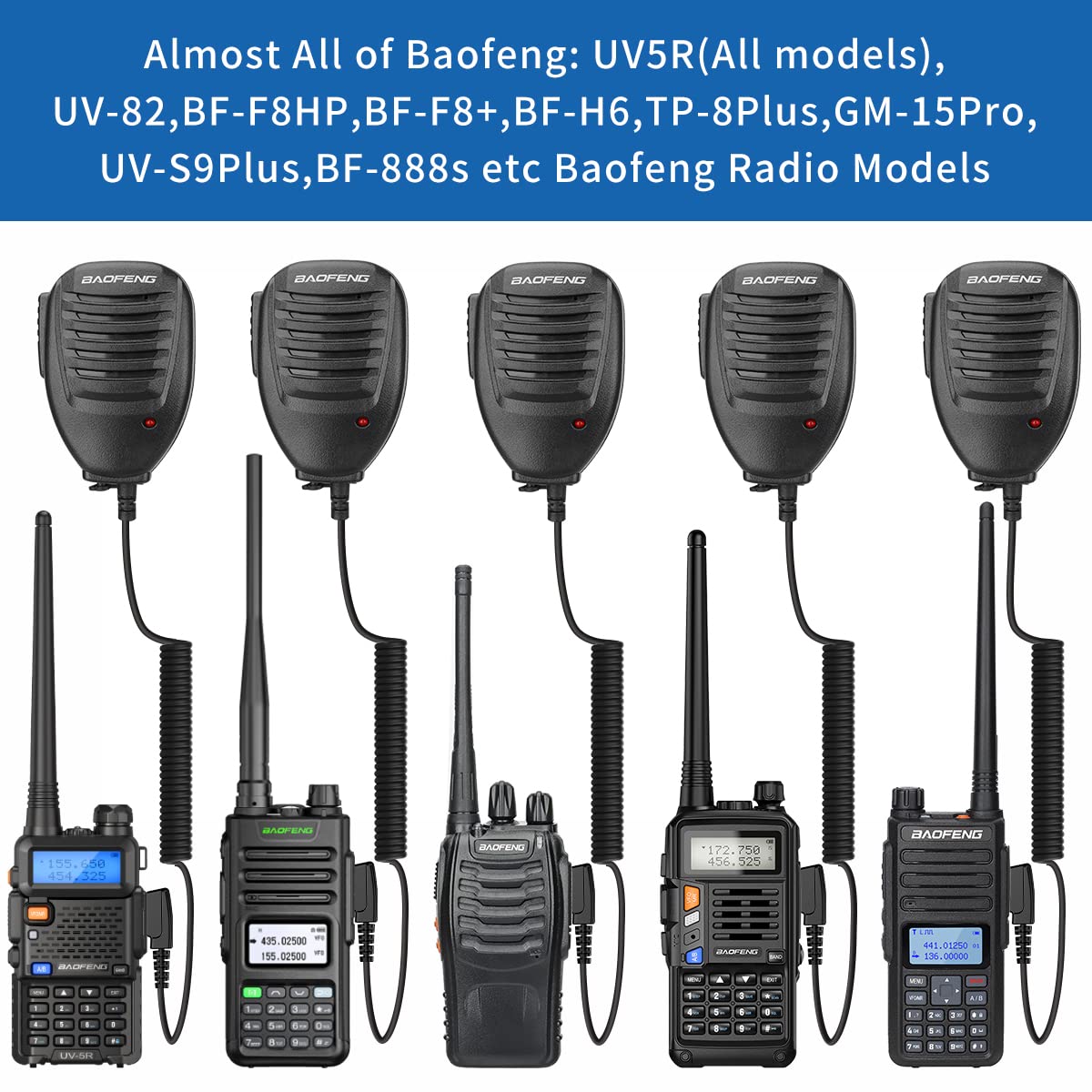 BAOFENG Microphone Accessories for Ham Radio Police Walkie Talkie Speaker Mic for UV-5R BF-F8HP5RM UV-21R K5PLUS GM-15 Pro UV-5G Plus GM-5RH TIDRADIO TD-H3 TD-H8 Quansheng UV-K5 (Black-1Pack+Headset)