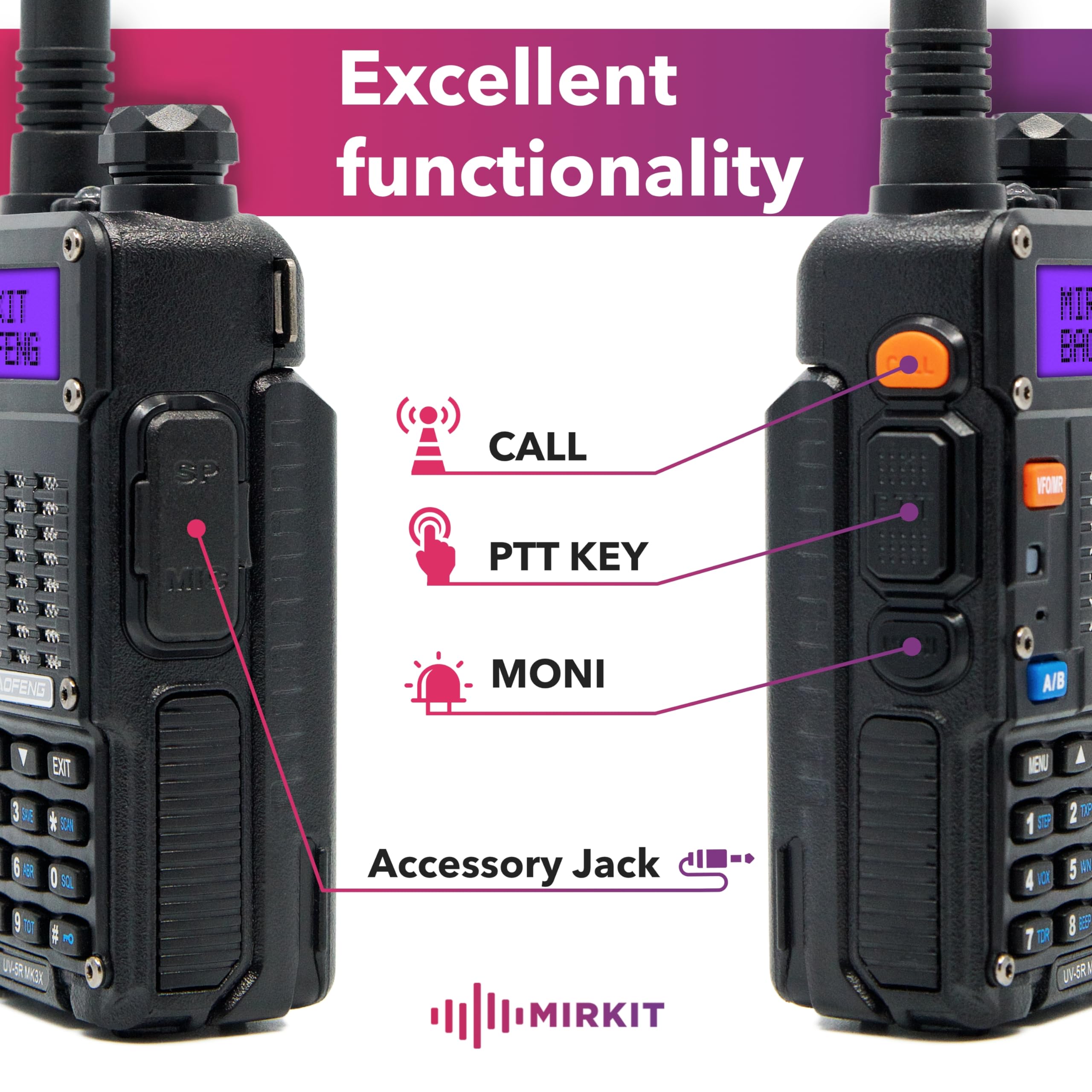 Mirkit Baofeng Radio UV-5R MK3X Legal Power Tri-Band Radio 2024 VHF/UHF 144-148/222-225/420-450 MHz - Walkie Talkie with 2100 mAh Li-ion Baofeng Battery, Neck Strap Lanyard Mirkit Ham Radio Operator