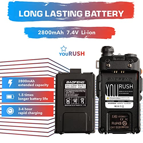 youRUSH UV-5RUSH Iron Advanced BAOFENG UV-5R 8W Tri-power Dual Band Two-Way Radio VHF UHF with Extended BL-5 2800mAh Battery CHIRP Programmable Handheld Radio Baofeng