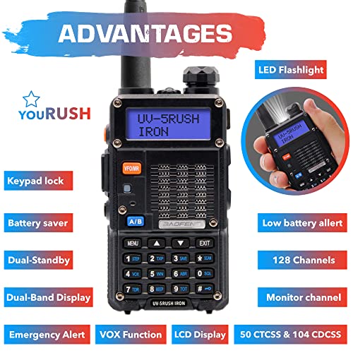 youRUSH UV-5RUSH Iron Advanced BAOFENG UV-5R 8W Tri-power Dual Band Two-Way Radio VHF UHF with Extended BL-5 2800mAh Battery CHIRP Programmable Handheld Radio Baofeng