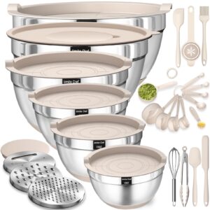 mixing bowls with airtight lids set, 26pcs stainless steel khaki bowls with grater attachments, non-slip bottoms & kitchen gadgets set, size 7, 4, 2.5, 2.0,1.5, 1qt, great for mixing & serving