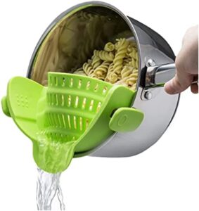 gizmo snap n strain pot & pasta strainer - adjustable silicone clip on strainer for pots, pans, & bowls- kitchen gadgets, noodle, food, gifts for women, green