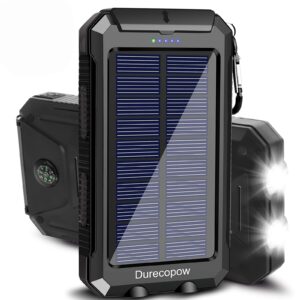 solar charger, 20000mah portable outdoor waterproof solar power bank, camping external backup battery pack dual 5v usb ports output, 2 led light flashlight with compass (black)