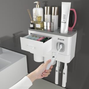 ihave toothbrush holders for bathrooms, 2 cups toothbrush holder wall mounted with toothpaste dispenser - large capacity tray, cosmetic drawer - bathroom decor & bathroom accessories