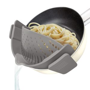 yevior clip on strainer for pots pan pasta strainer, silicone food strainer hands-free pan strainer, clip-on kitchen food strainer for spaghetti, pasta, ground beef fits all bowls and pots (grey)