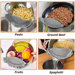 YEVIOR Clip on Strainer for Pots Pan Pasta Strainer, Silicone Food Strainer Hands-Free Pan Strainer, Clip-on Kitchen Food Strainer for Spaghetti, Pasta, Ground Beef Fits All Bowls and Pots (Grey)