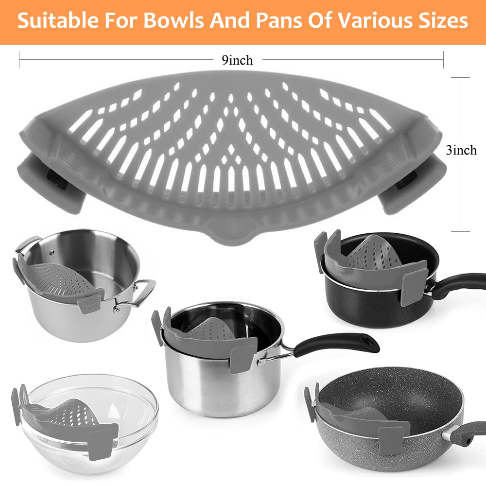 YEVIOR Clip on Strainer for Pots Pan Pasta Strainer, Silicone Food Strainer Hands-Free Pan Strainer, Clip-on Kitchen Food Strainer for Spaghetti, Pasta, Ground Beef Fits All Bowls and Pots (Grey)