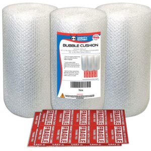 3 pack mighty gadget bubble cushioning wrap rolls, air bubble, 12 inch x 72 feet total, perforated every 12", 20 bonus fragile stickers included