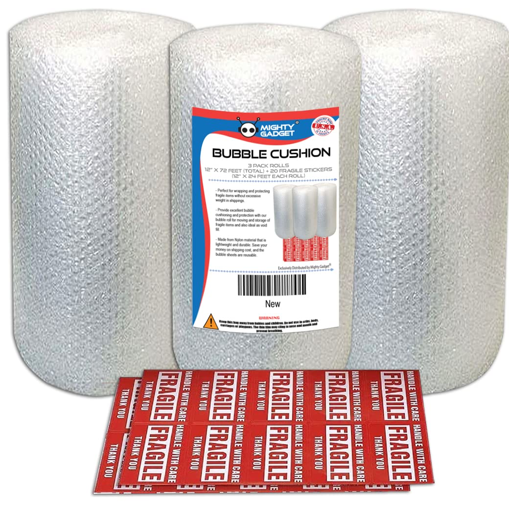 3 Pack Mighty Gadget Bubble Cushioning Wrap Rolls, Air Bubble, 12 Inch x 72 Feet Total, Perforated Every 12", 20 Bonus Fragile Stickers Included