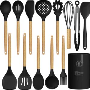 silicone cooking utensils set - 446°f heat resistant silicone kitchen utensils for cooking,kitchen utensil spatula set w wooden handles and holder, bpa free gadgets for non-stick cookware (black)