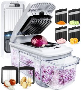 fullstar all-in-1 vegetable chopper, mandoline slicer & cheese grater - french fry cutter & veggie dicer - includes bonus handheld spiralizer - cook's tool & gadget sets (4 in 1, black/white)