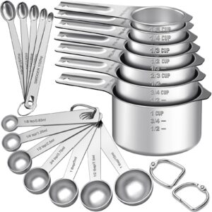 measuring cups and spoons set, 7 stainless steel nesting measuring cups & 7 spoons, 5 mini measuring spoons & 2 detachable rings, kitchen gadgets for cooking & baking, set of 21