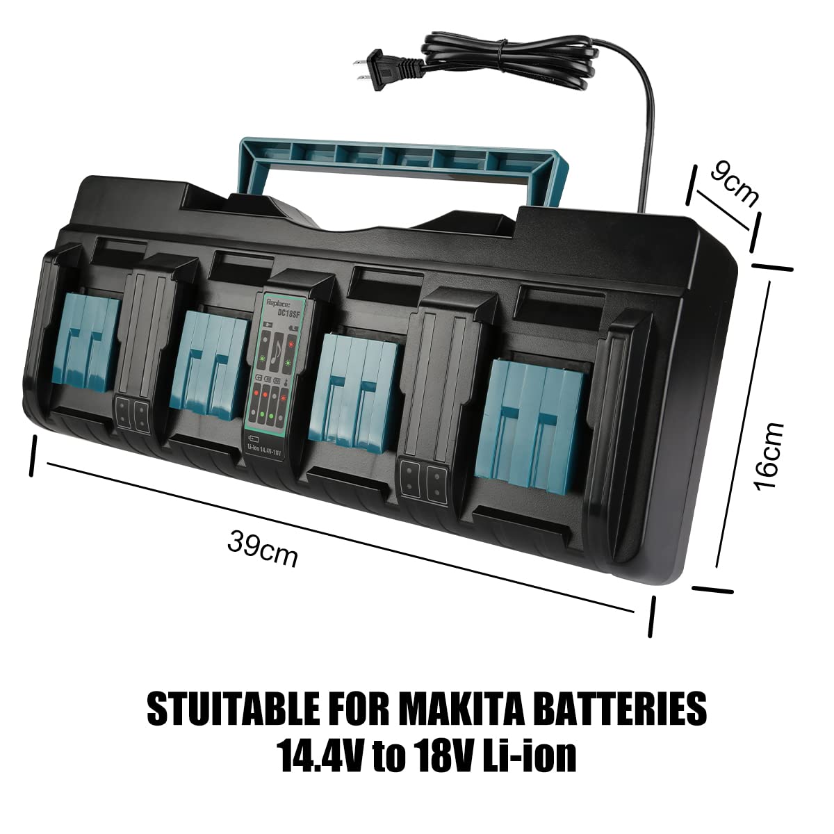 Powilling 4-Port 18V Lithium-Ion Charger DC18SF for Makita 14.4V-18V Lithium Battery BL1830 BL1840 BL1850 BL1860 BL1815 BL1430, Replace Makita DC18SF DC18RC DC18RD DC18RA Rapid Charger