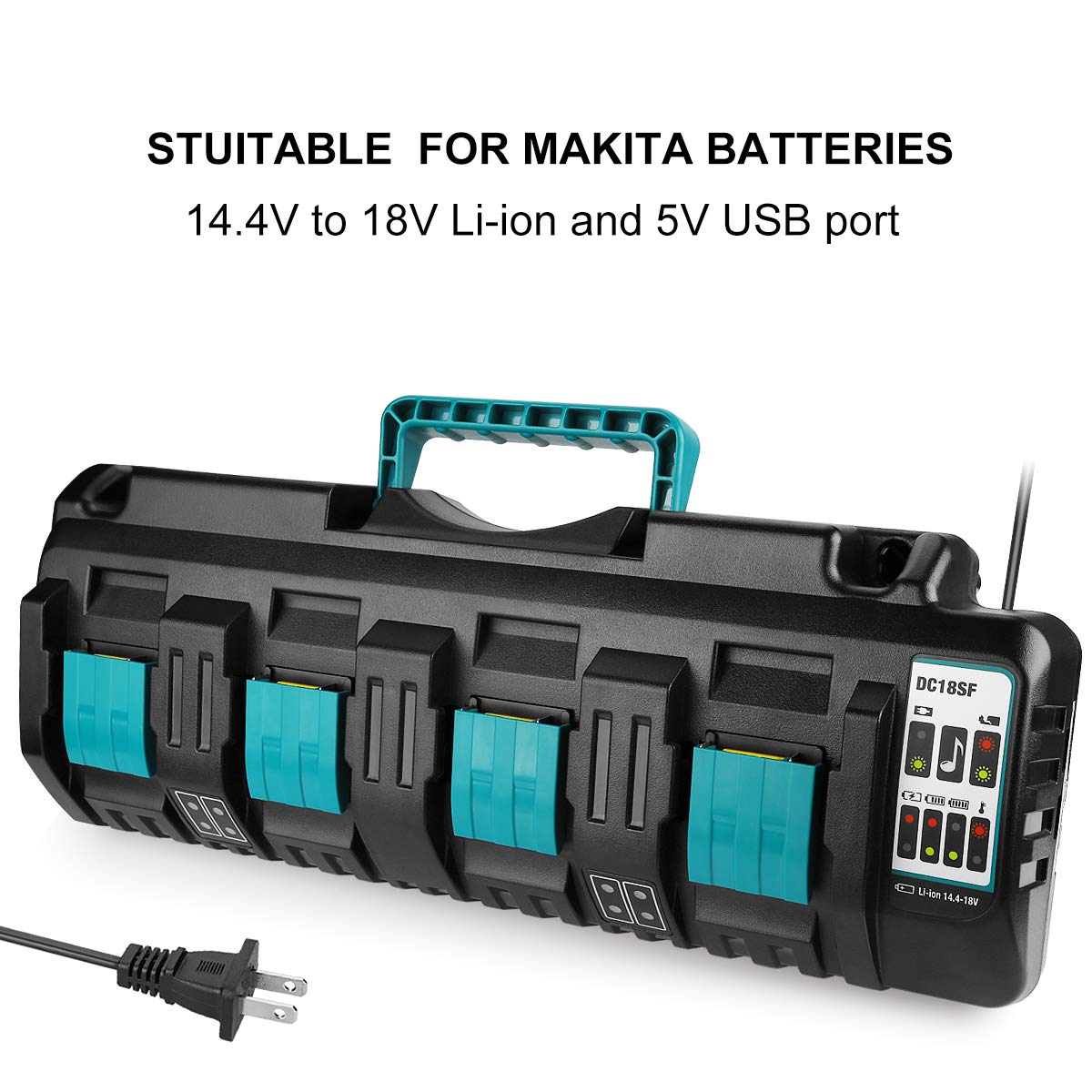 Powilling 4-Port 18V Lithium-Ion Charger DC18SF for Makita 14.4V-18V Lithium Battery BL1830 BL1840 BL1850 BL1860 BL1815 BL1430, Replace Makita DC18SF DC18RC DC18RD DC18RA Rapid Charger