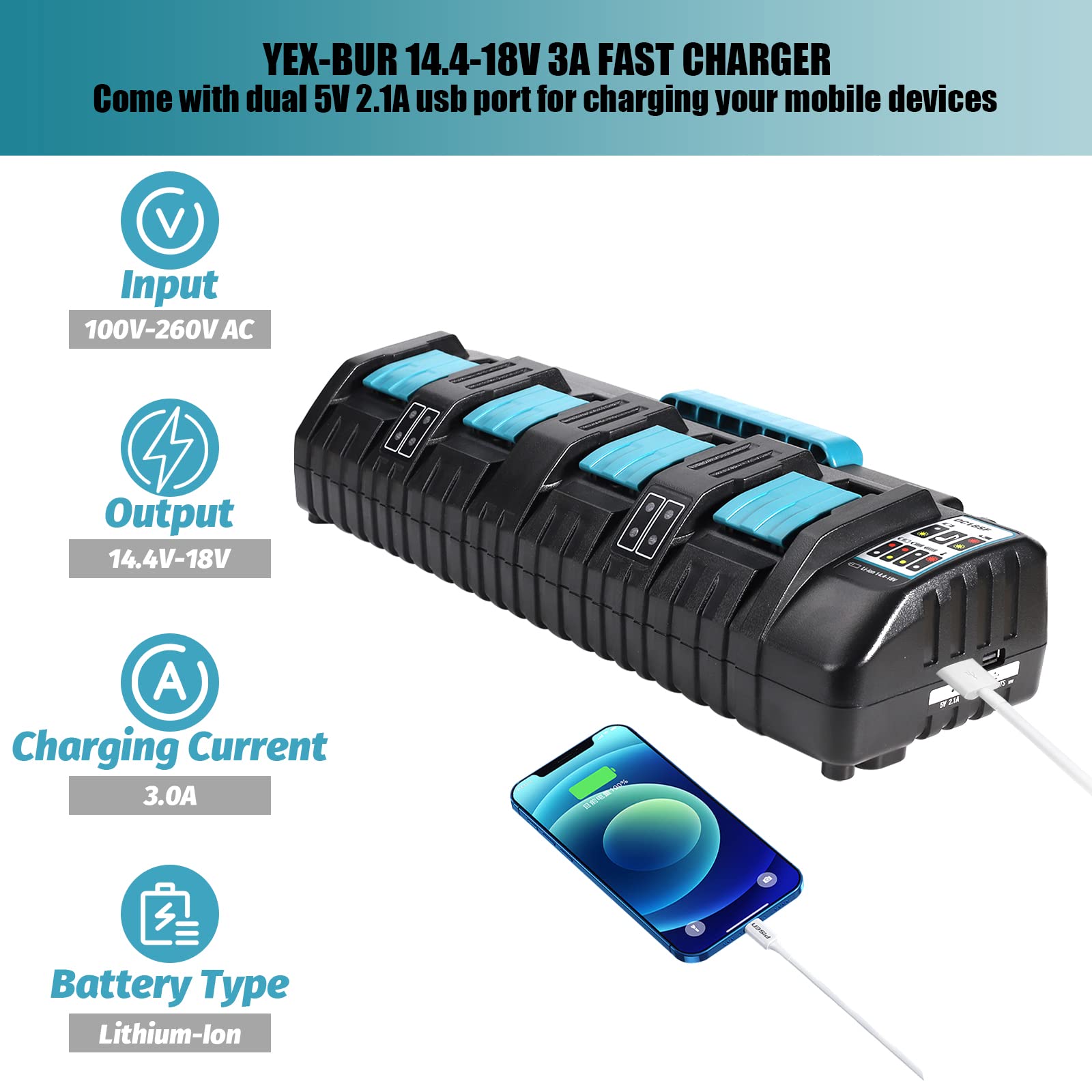 4 Port Battery Charger DC18SF for Makita 14.4V-18V Lithium Batteries BL1850 BL1830 BL1840 BL1860 for Makita 18v Fast Rapid Charger Station with 2 USB Ports(Tool Only)