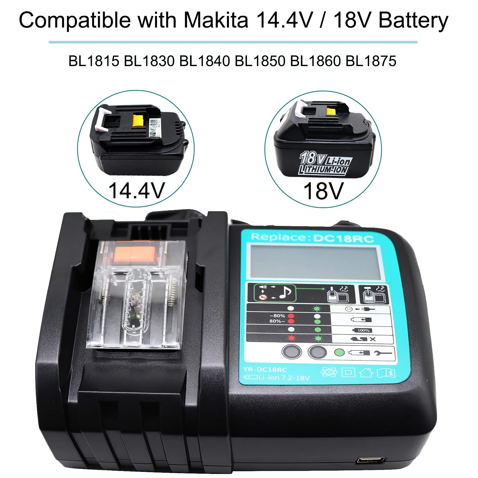 QCZRED 18V DC18RC Charger Replace for Makita Rapid Charger DC18RC DC18SD DC18SE for Makita 14.4V 18 Volt LXT Lithium-ion Battery BL1815 BL1860 BL1850 BL1840 BL1830 LXT-400