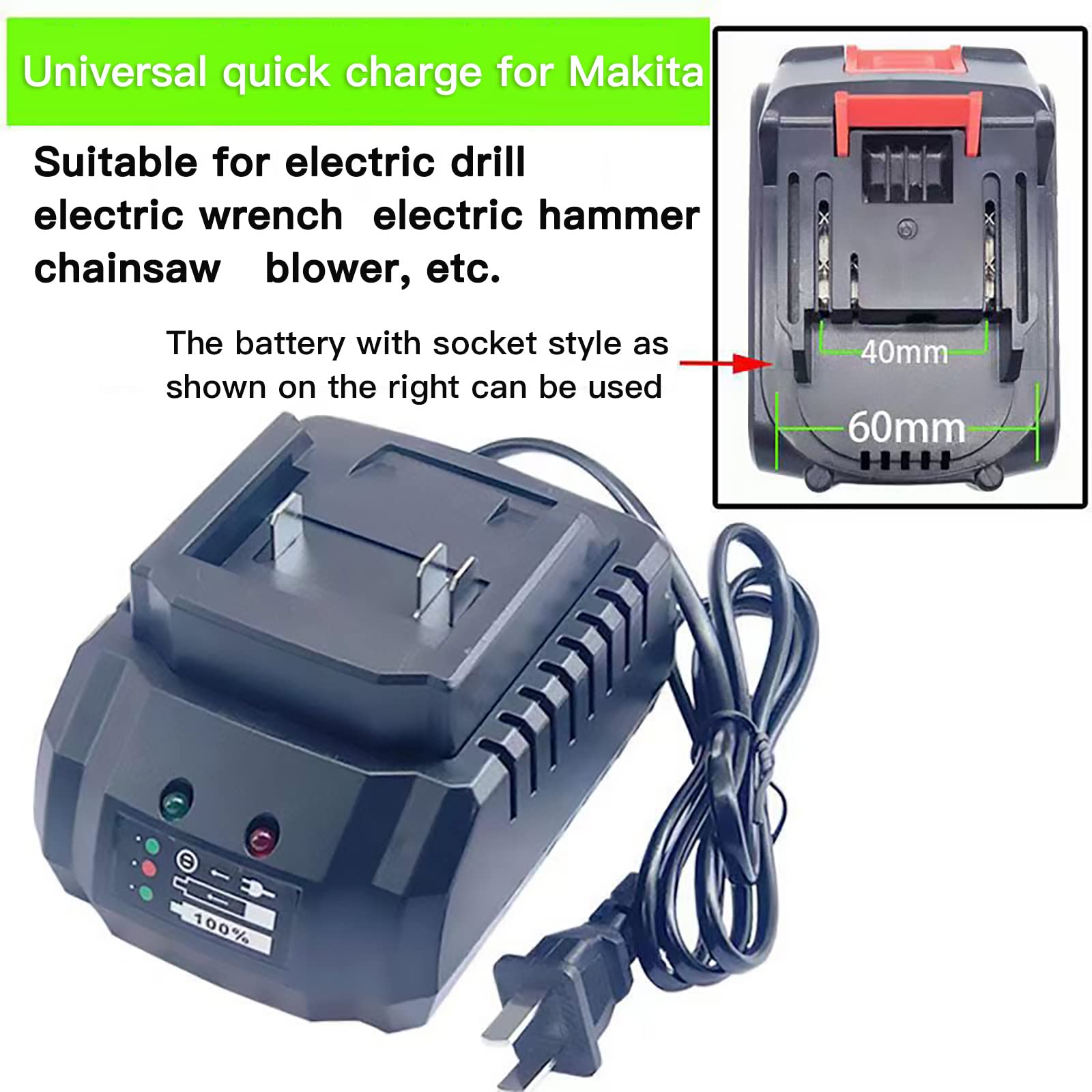 ELSOON 21V 2A Quick Charger Compatible with Makita Lithium-lon Battery with LED Light