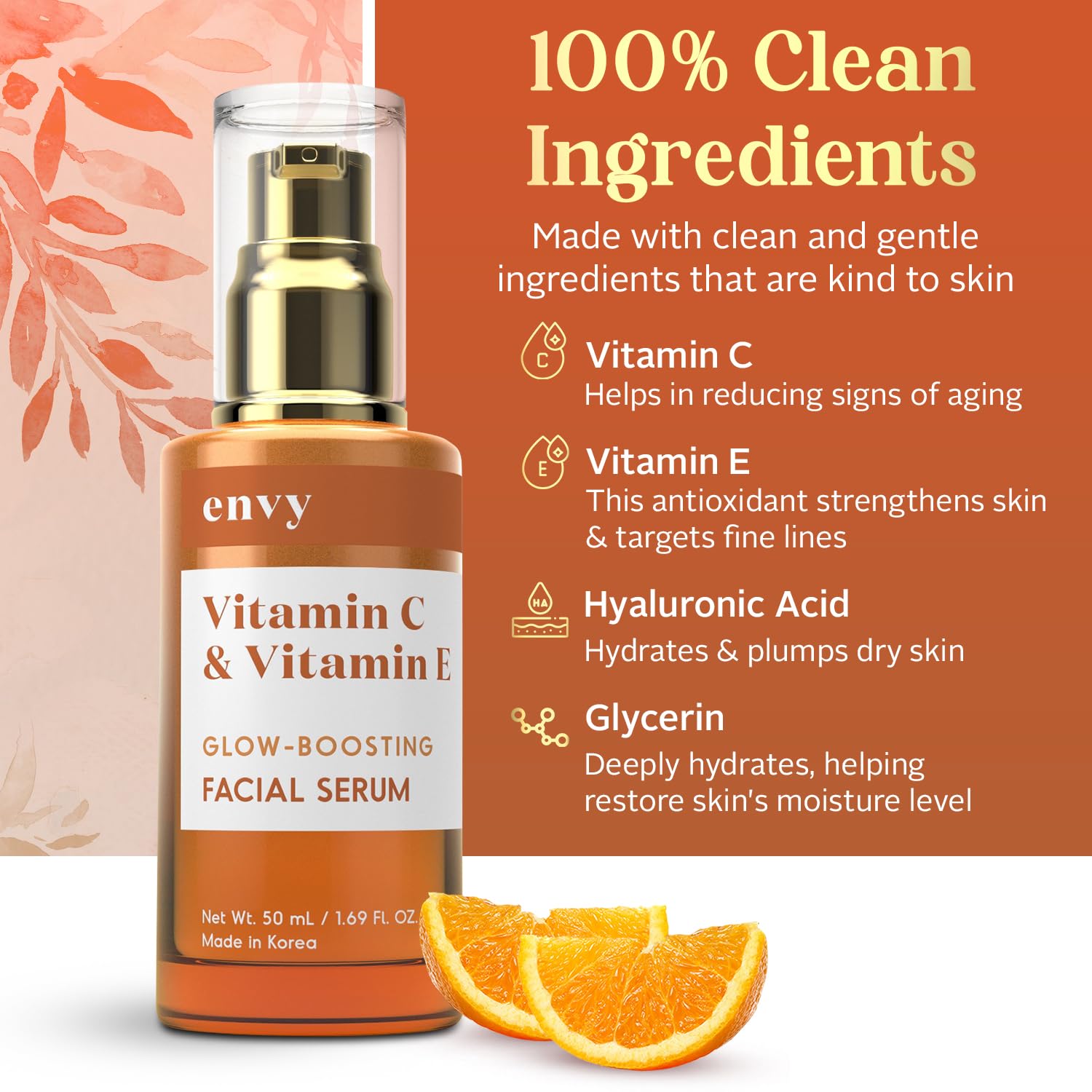 Vitamin C Serum With Vitamin E & Glycerin - Dermatologist Tested Korean Skin Care for Dark Spots & Skin Brightening - Anti Aging & Acne Facial Serum - Cruelty-Free - All Skin Types - 1.69Fl oz by Envy