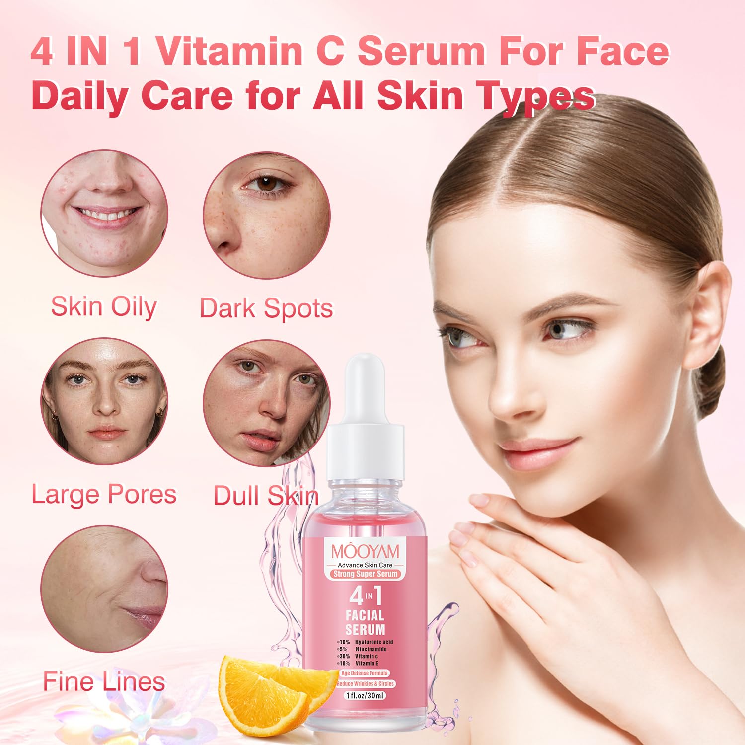 Vitamin C Face Serum, Hydrating Facial Serum with Vitamin C, Hyaluronic Acid, Niacinamide, Vitamin E, Anti Aging, Brightening Serum for Dark Spots, Fine Lines & Wrinkles,Facial Serum for All Skin 30ml