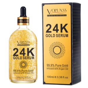 voluxss 24k gold serum for face, skin brightening anti aging moisturizer with vitamin c, hyaluronic acid & argan oil for dark spots & fine lines, korean skin care glow collagen booster serum 3.38fl.oz