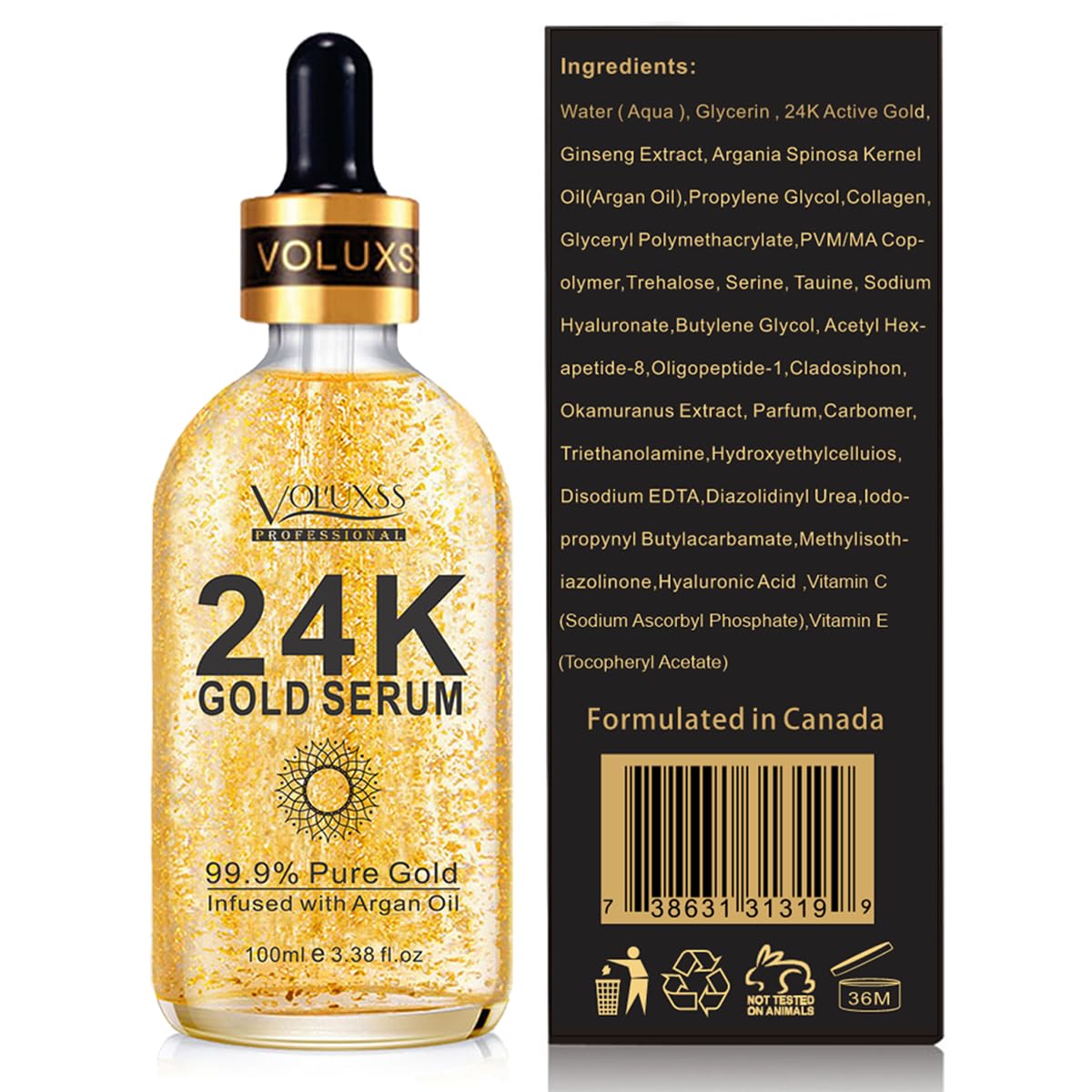 Voluxss 24K Gold Serum for Face, Skin Brightening Anti Aging Moisturizer with Vitamin C, Hyaluronic Acid & Argan Oil for Dark Spots & Fine Lines, Korean Skin Care Glow Collagen Booster Serum 3.38fl.oz