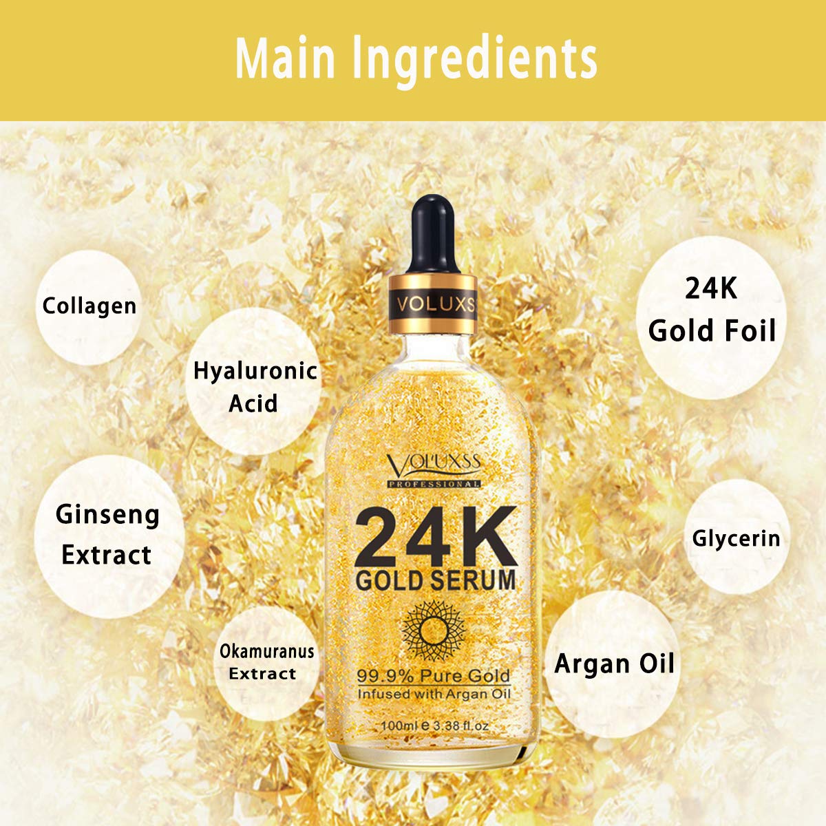 Voluxss 24K Gold Serum for Face, Skin Brightening Anti Aging Moisturizer with Vitamin C, Hyaluronic Acid & Argan Oil for Dark Spots & Fine Lines, Korean Skin Care Glow Collagen Booster Serum 3.38fl.oz