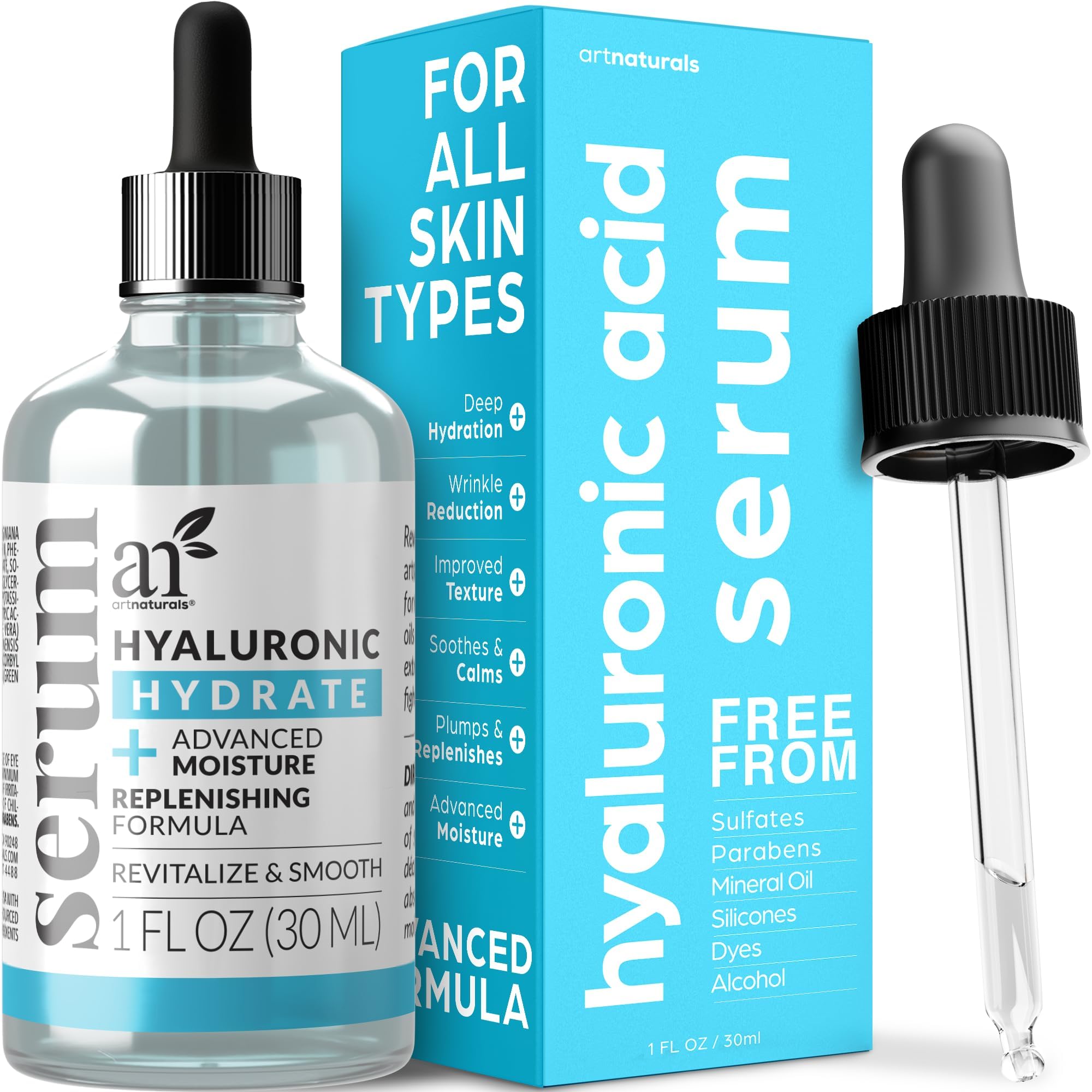 ArtNaturals Hyaluronic Acid Serum (1 Fl Oz / 30ml) - Anti- Aging Facial Serum, Natural Moisturizer w/Vitamin C Serum & Vitamin E - for Skin Care - Reduce Wrinkles & Dark Spots for Brightening Face