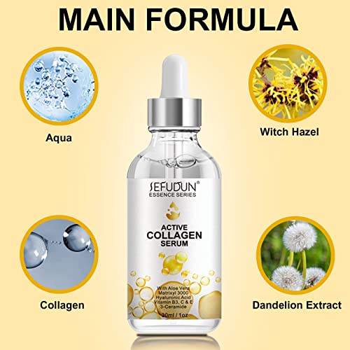 Active Collagen Serum - Natural & Organic Anti-Aging Collagen Serum for Face Improves Elasticity, Evens Skin Tone, Lifts, Firms & Smooths Skin - Collagen Facial Serum for All Skin - 1 oz