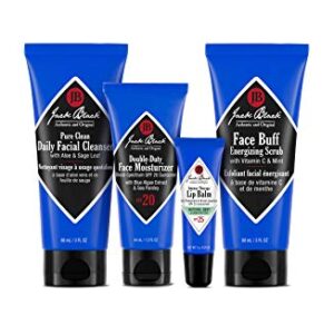 Jack Black Skin Saviors Set – Pure Clean Daily Facial Cleanser, Double-Duty Face Moisturizer SPF 20, Intense Therapy Lip Balm SPF 25 Natural Mint & Shea Butter, & Face Buff Energizing Scrub