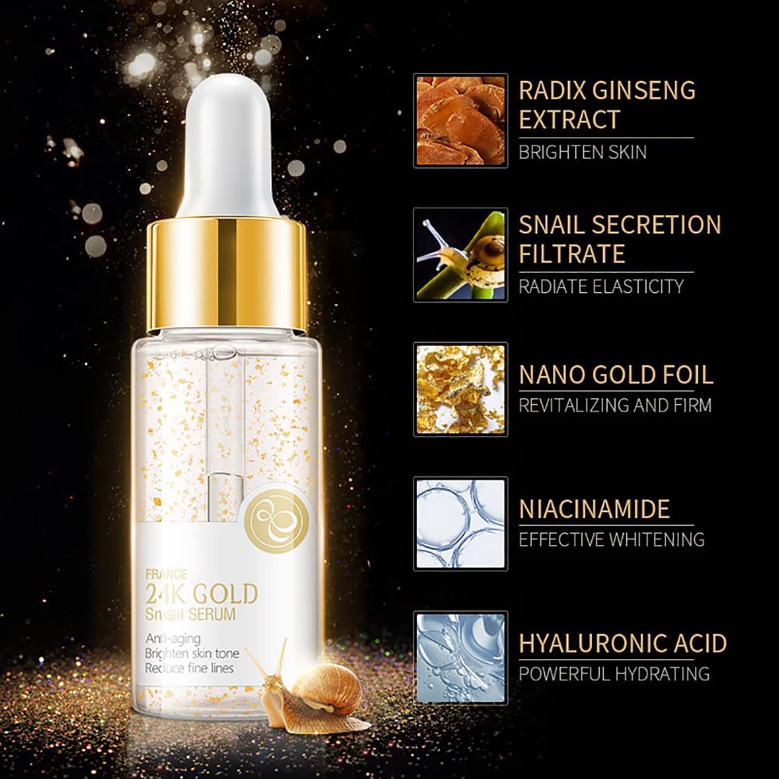 24k Gold Collagen Booster Serum, Snail 24k Gold Face Serum, 24k Gold Snail Serum, Snail Essence Face Cream Moisturizer, Facial Serum Anti Aging with Collagen Booster (2pcs)