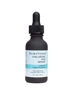 remeverse hyaluronic acid+ serum 1 oz, 100% pure medical grade clinical strength hyaluronic acid with vitamin c and green tea extract anti-aging serum for your face, lips and décolleté.