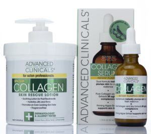 advanced clinicals collagen cream + collagen serum 2pc set bundle | face serum & body cream moisturizer lotion plumping skin care set & kits for wrinkles, uneven skin tone, & dry skin, fragrance free