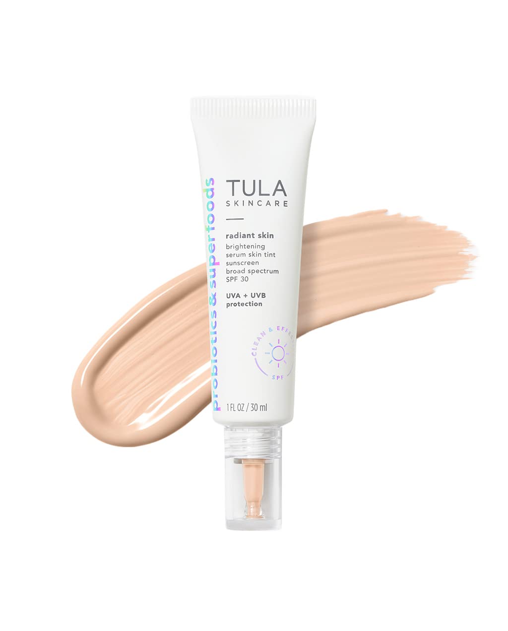 TULA Skin Care Radiant Skin Brightening Serum Skin Tint SPF - Facial Sunscreen Provides Broad Spectrum SPF 30 Protection, Tinted, Serum-Light Formula Brightens and Evens Skin, Shade 01, 1.0 fl oz.