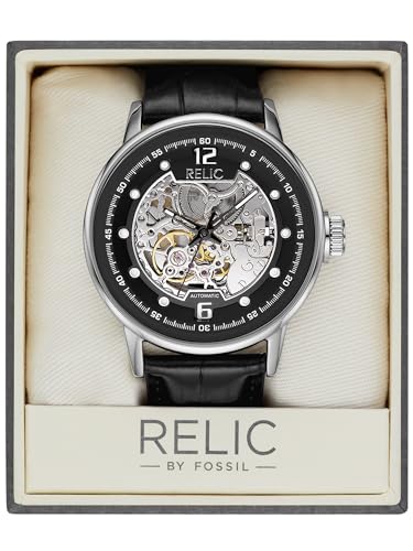 Relic by Fossil Men's Damon Silver Stainless Steel and Black Leather Band Automatic Watch (Model: ZR77224)