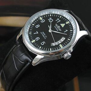 VIGOROSO Men's Sport Day Date Black Leather Automatic Self Winding Watch