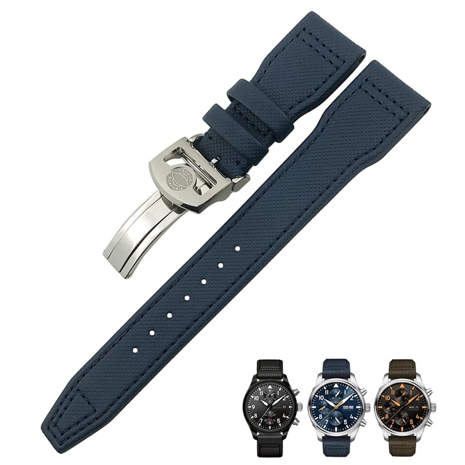 KKFAUS 20mm 21mm 22mm Nylon Fiber Leather Watchband Fit for IWC IW377729 IW389001 Big Pilot Watch Green Blue Black Watch Strap (Color : Blue silver 2, Size : 22mm)