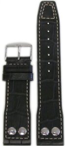 panatime 22mm black iwc style genuine leather pilots style watch band with gator print and white stitching 22/20 125/75