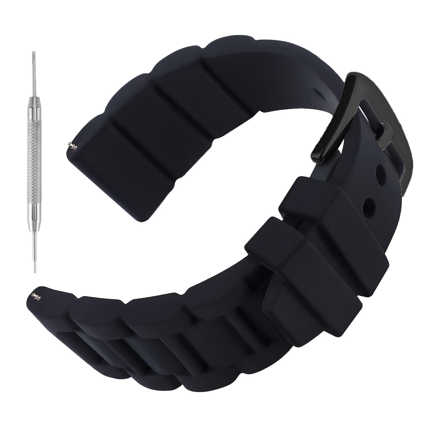 SANWA Mens 26mm Black Silicone Rubber Diver Watch Band Waterproof Sport Stainless Steel Black Buckle