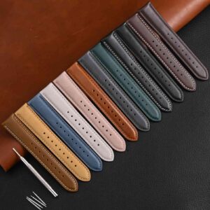 WOCCI 18mm Vintage Leather Watch Band for Men and Women, Silver Buckle (Dark Brown/Contrasting Stitch)