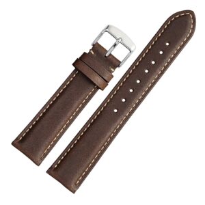 WOCCI 18mm Vintage Leather Watch Band for Men and Women, Silver Buckle (Dark Brown/Contrasting Stitch)