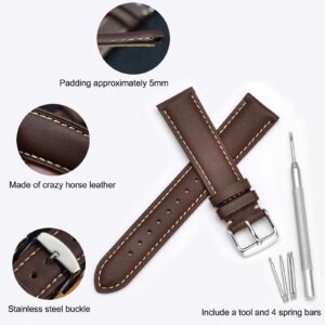 WOCCI 18mm Vintage Leather Watch Band for Men and Women, Silver Buckle (Dark Brown/Contrasting Stitch)