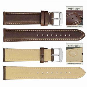 WOCCI 18mm Vintage Leather Watch Band for Men and Women, Silver Buckle (Dark Brown/Contrasting Stitch)