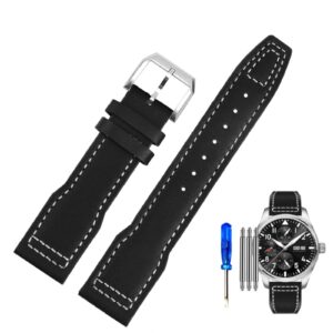 kossma genuine leather watch strap for iwc pilots little prince male mark 18 big fly portugal soft comfortable watchband 20mm wristband (color : black white-steel-k1, size : 21mm)