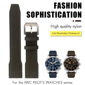 AEMALL 21mm 20mm Nylon Calfskin Black Blue Green Watch strap Fit for IWC IW377714 MARK18 PILOT STOP GUN Leather Watchbands (Color : Green pin, Size : 21mm silver clasp)