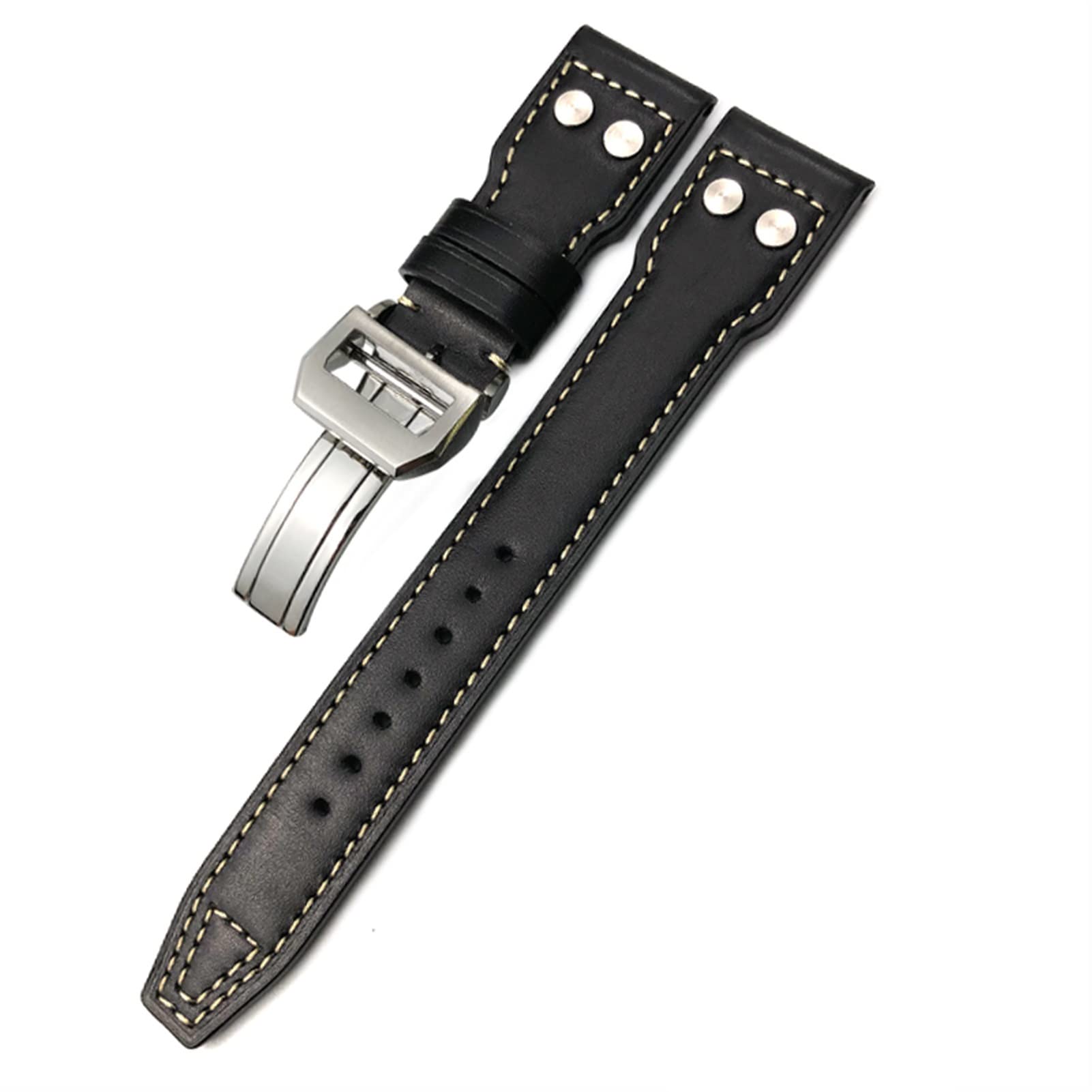 KKFAUS For IWC Big Pilot Watch TOP GUN SPITFIRE Le Petit Prince Calfskin Strap 20mm 21mm 22mm Genuine Leather Rivet Watchband (Color : Black white smooth, Size : 20mm)