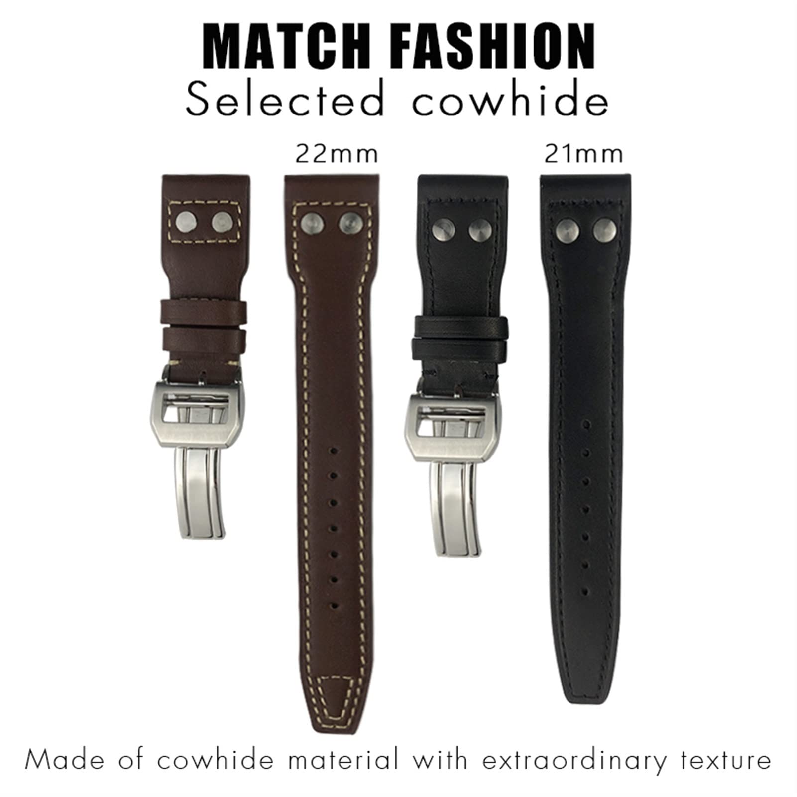 KKFAUS For IWC Big Pilot Watch TOP GUN SPITFIRE Le Petit Prince Calfskin Strap 20mm 21mm 22mm Genuine Leather Rivet Watchband (Color : Black white smooth, Size : 20mm)