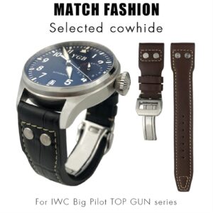 KKFAUS For IWC Big Pilot Watch TOP GUN SPITFIRE Le Petit Prince Calfskin Strap 20mm 21mm 22mm Genuine Leather Rivet Watchband (Color : Black white smooth, Size : 20mm)