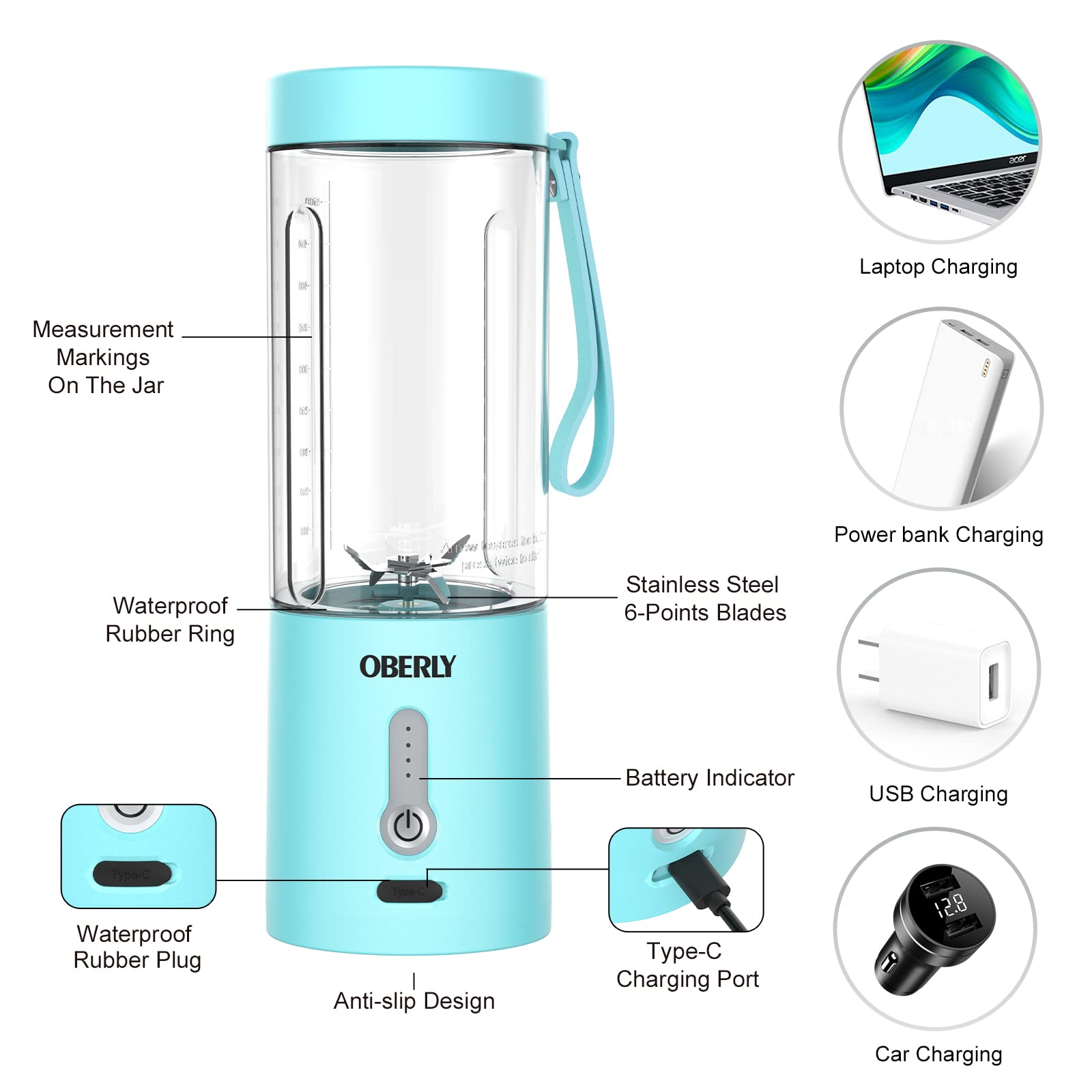 Portable Blender for Shakes and Smoothies, OBERLY Personal Travel Blender for Protein with 4000mAh USB Rechargeable Battery, Crush Ice, Frozen Fruit and Drinks, 18 oz Mini Travel Cup