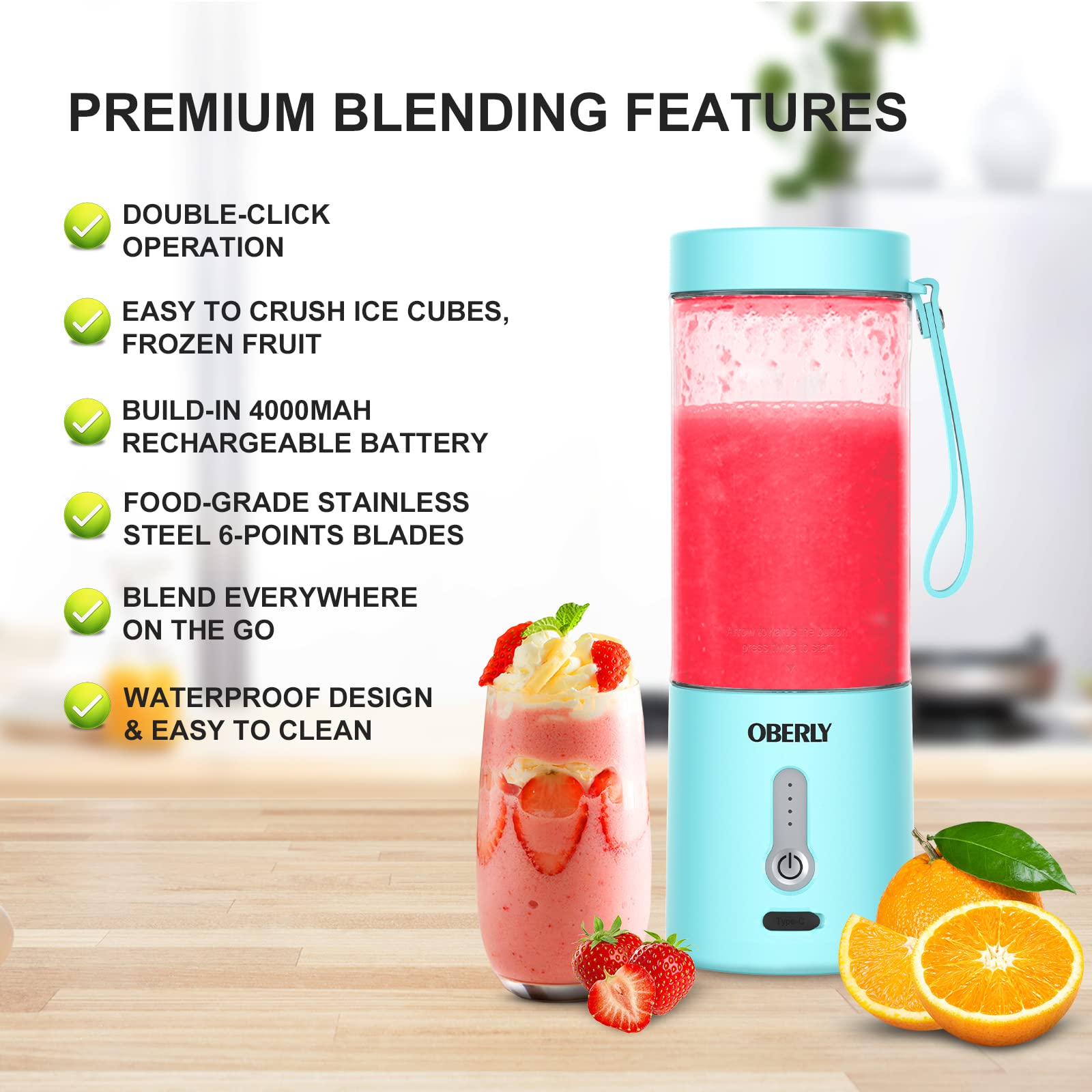 Portable Blender for Shakes and Smoothies, OBERLY Personal Travel Blender for Protein with 4000mAh USB Rechargeable Battery, Crush Ice, Frozen Fruit and Drinks, 18 oz Mini Travel Cup