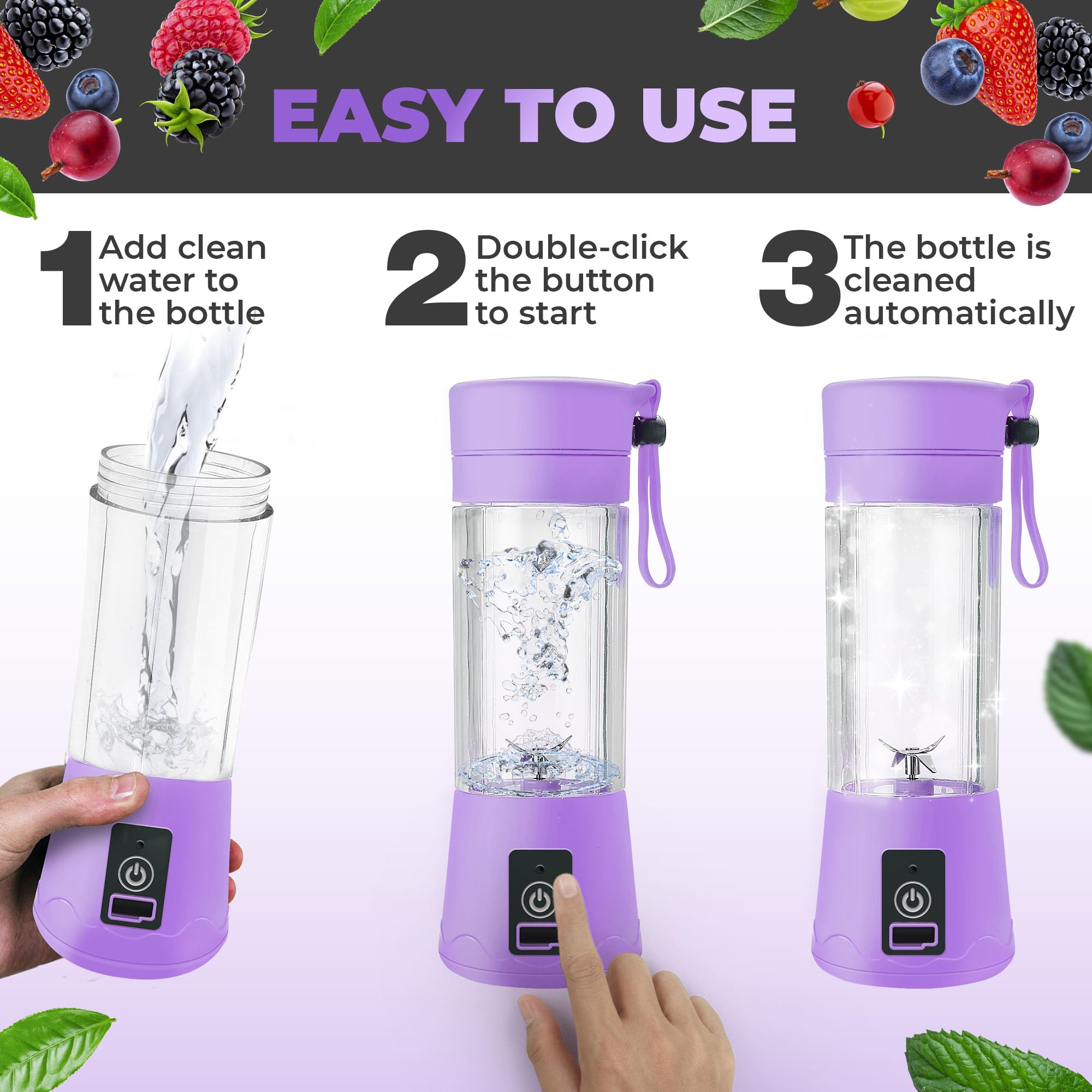 Portable Blender - Compact and USB Rechargeable Personal Travel Blenders for Smoothies, Shakes and Ice - Mini Fruit Juice Mixing Shaker Bottle - 380ml, Purple